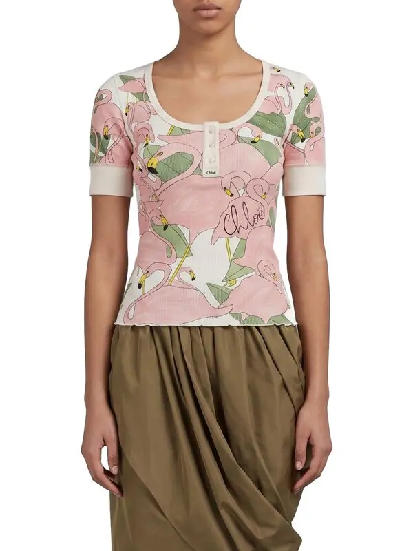 Chloé Henley Slim Fit Ribbed Cotton Jersey Top With Graphic Print - White