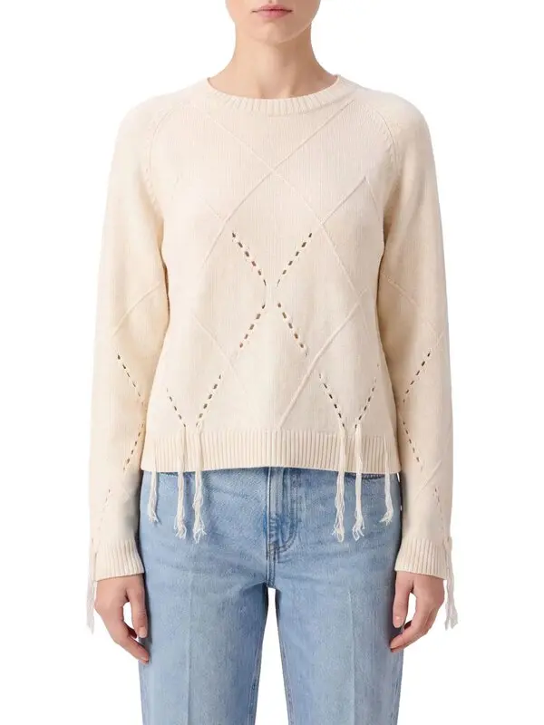 Pinko Berna Argyle Wool And Cashmere Jumper With Fringe Details - Beige