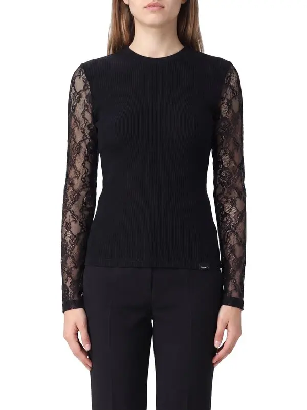 Pinko Long-sleeved Crewneck Lace And Wool Evening Top With A Slim Fit - Black