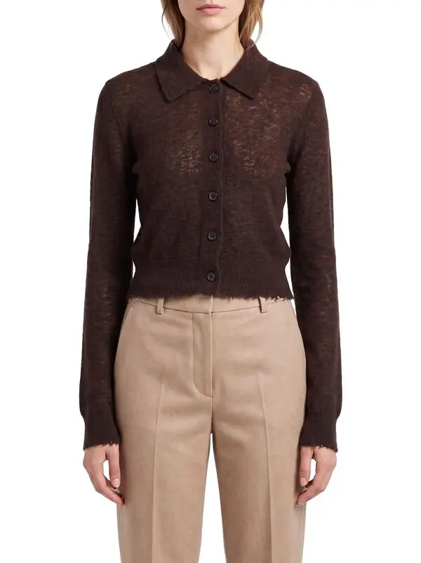 Pinko Slim Fit Wool & Alpaca Blend Cardigan With Classic Collar - Brown