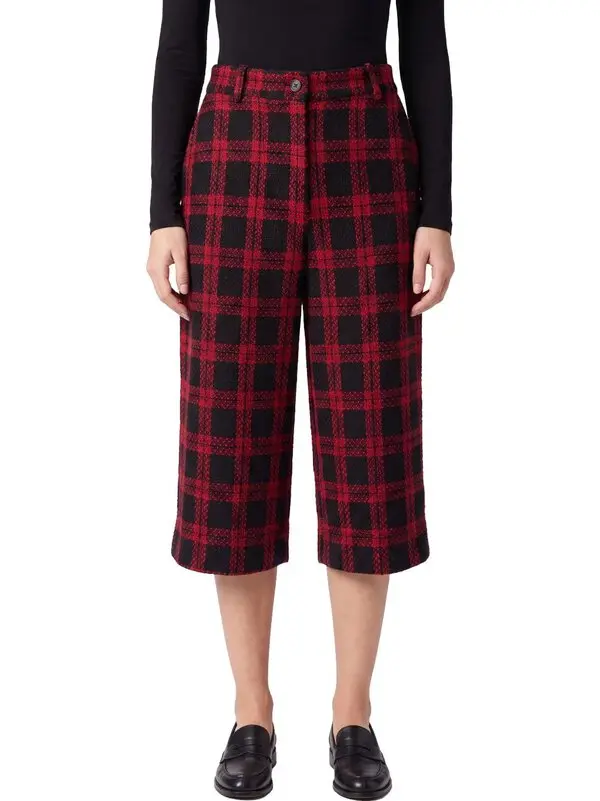 Pinko Cropped High-waisted Plaid Wool-blend Shorts With Belt Loops - Red