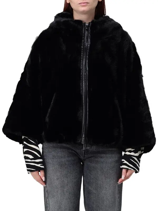 Pinko Hooded Faux Fur Jacket With Zip Closure - Black