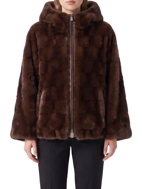 Pinko Hooded Faux Fur Jacket With Front Zip Closure - Brown
