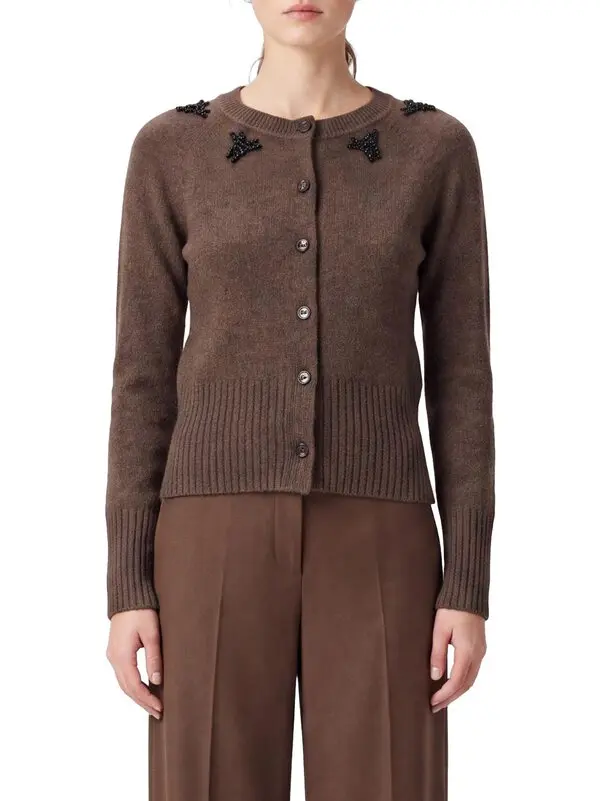 Simone Rocha Crewneck Cashmere Cardigan With Rhinestone Embroidery - Beige