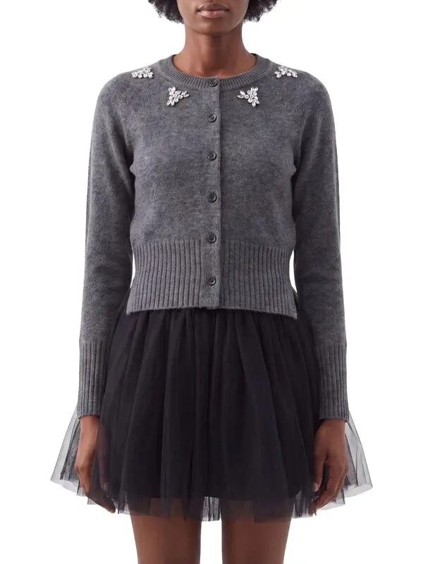 Simone Rocha Crewneck Cashmere Cardigan With Rhinestone Embroidery - Grey