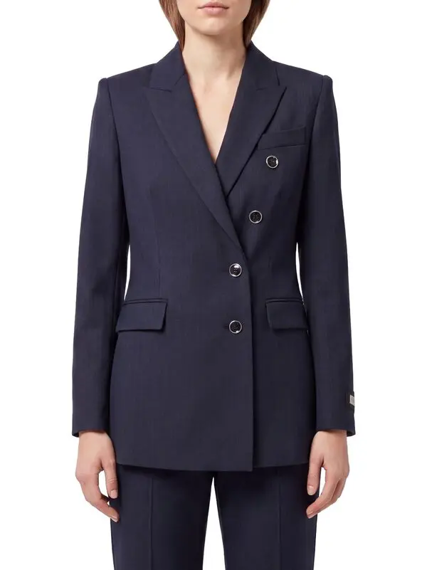Pinko Double-breasted Slim Fit Wool Blend Blazer With Peak Lapels - Blue