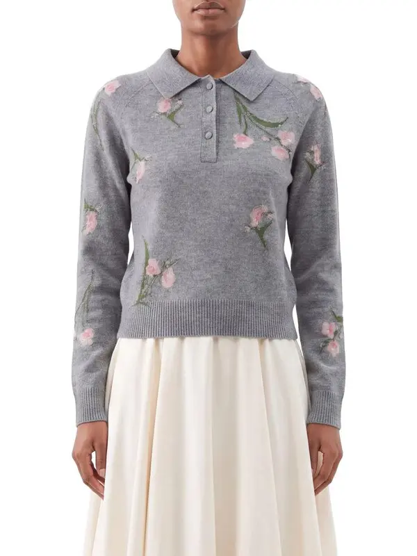 Erdem Floral Long Sleeve Wool Knit Polo - Grey