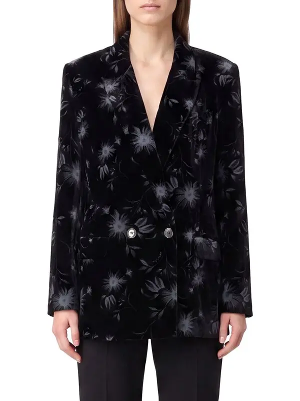 Pinko Double-breasted Abstract Print Velvet Blazer With Padded Shoulders - Black