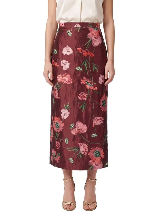 Erdem Floral Satin High-waisted Midi Pencil Skirt - Red