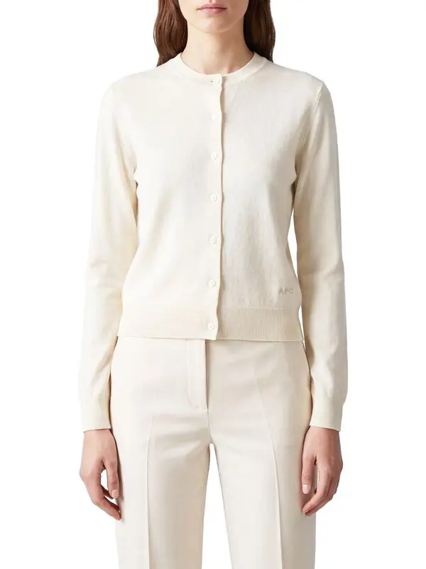 A.p.c. Slim Fit Crew Neck Cardigan In Pure Virgin Wool - White