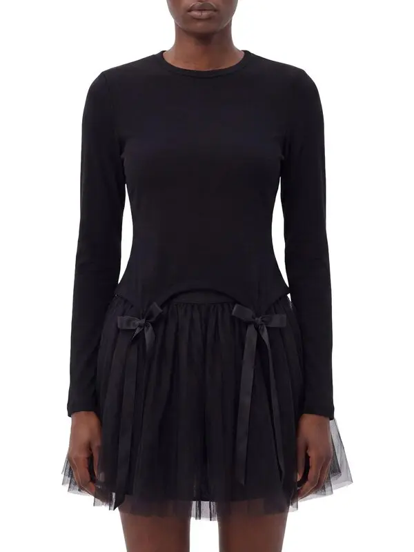 Simone Rocha Long-sleeved Lyocell Top With Embroidery And Bow - Black