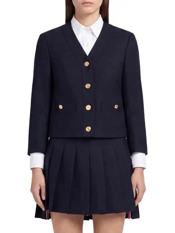 Thom Browne Cropped Slim Fit Blazer In Virgin Wool With 4-bar Motif - Blue