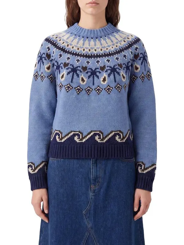 Alanui Virgin Wool Crewneck Jumper With Ethnic Jacquard Motif - Sky