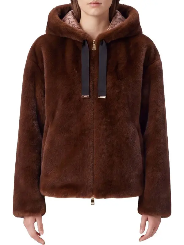 Herno Faux Fur Hooded Zip-up Jacket - Brown