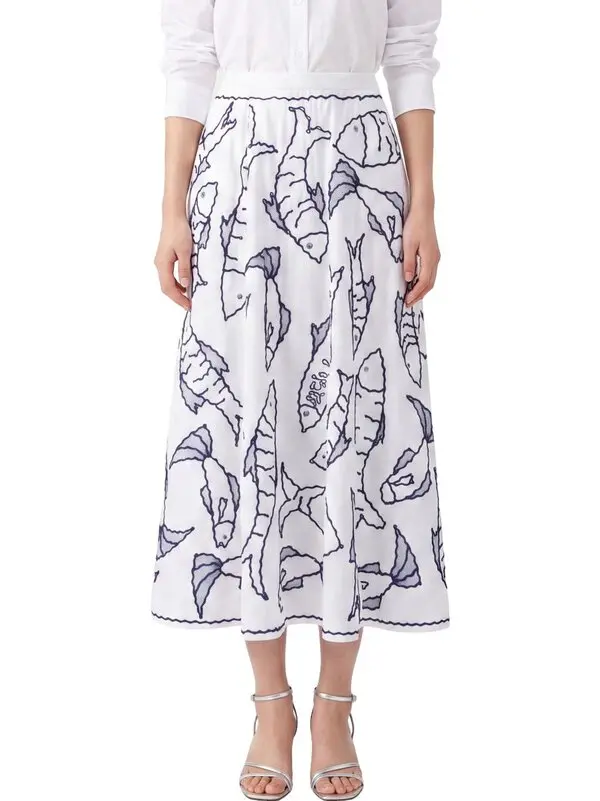 Farm Rio Fresh Fish Graphic Print Linen Blend A-line Midi Skirt With High Waist - White