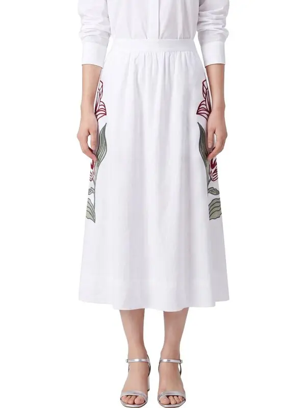 Farm Rio Off- Flower Floral Print Linen A-line Midi Skirt With High Waist - White