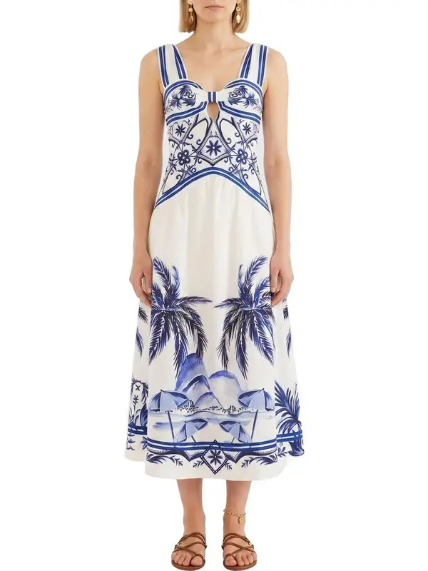 Farm Rio Wonderful City Floral Print Linen Midi Dress With Square Neckline - White