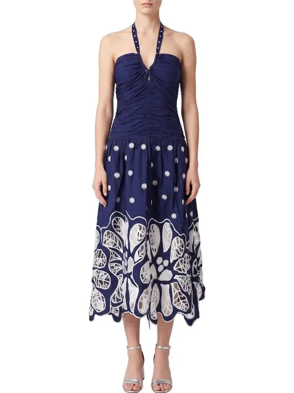 Farm Rio Richelieu Floral Print Cotton Midi Dress With Halter Neck - Blue