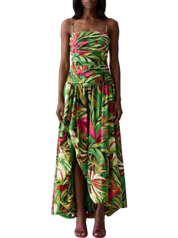 Farm Rio Tropical Dream Asymmetrical Cotton Midi Dress With Tropical Print - Yellow