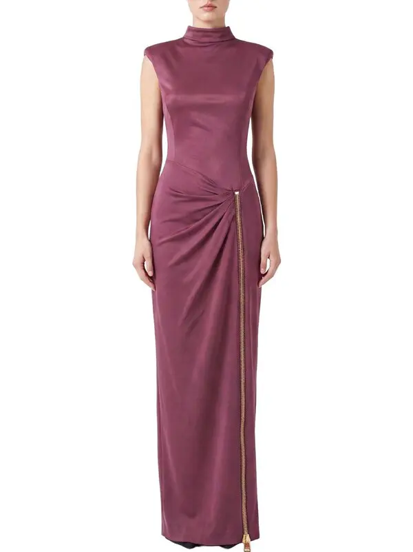 Balmain High-neck Ruched-waist Jersey Long Sheath Gown - Pink