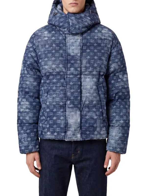 Dsquared2 Monogram Print Quilted Down Jacket With Drawstring Hood - Gnawed Blue
