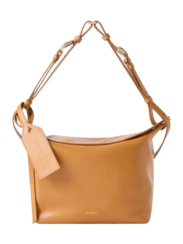 Furla Ginevra Smooth Leather Shoulder Bag With Logo Charm - Beige