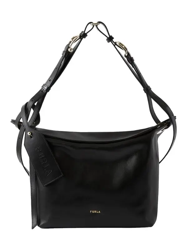 Furla Ginevra Smooth Leather Shoulder Bag With Logo Charm - Black