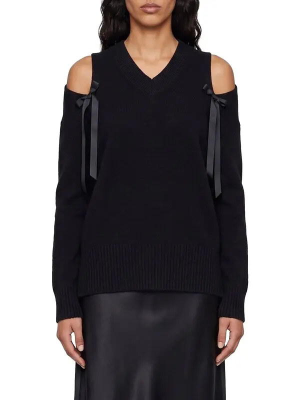 Simone Rocha Cashmere V-neck Sweater With Cut-out Shoulders And Bow Embellishments - Black