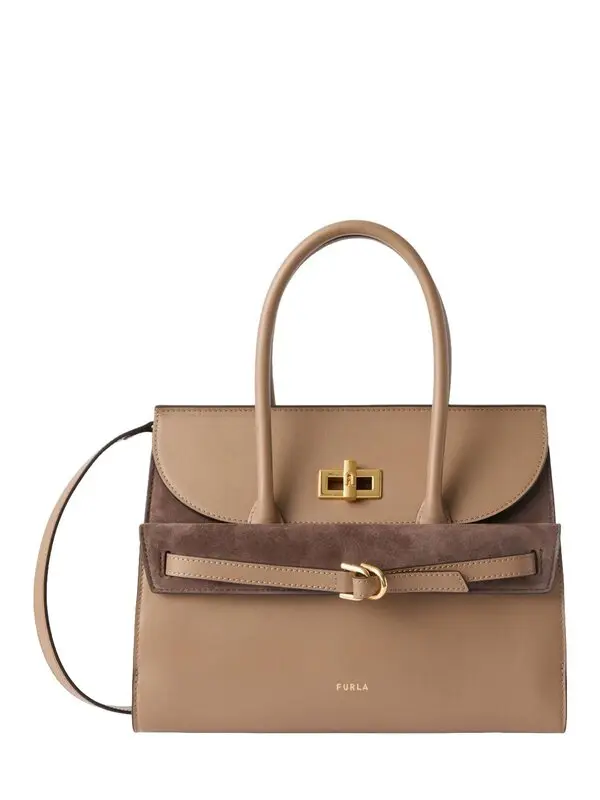 Furla Smooth And Suede Leather Handbag With Double Handle - Coffee