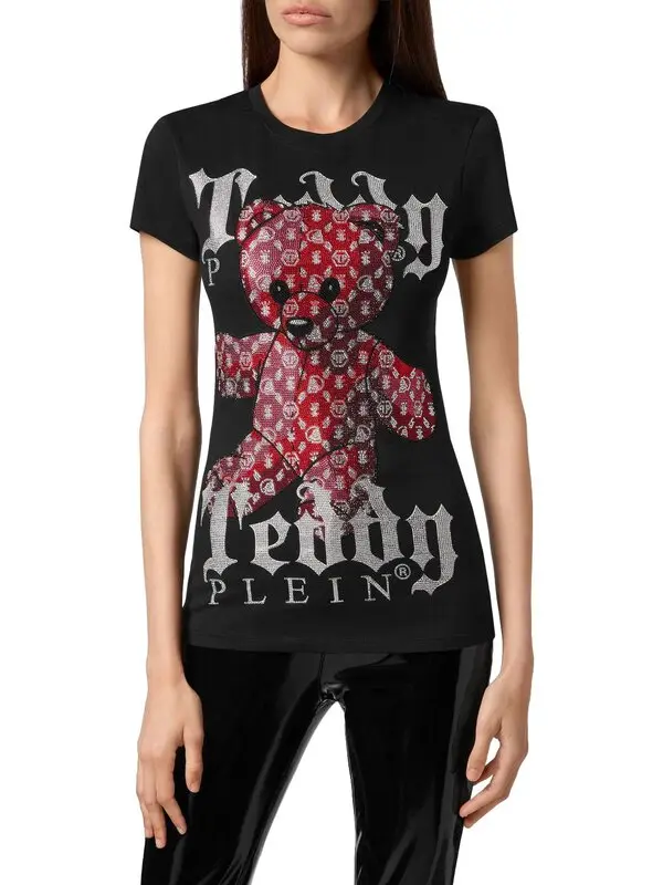 Philipp Plein Slim Fit Jersey T-shirt With Rhinestone Teddy Bear Graphic - Black