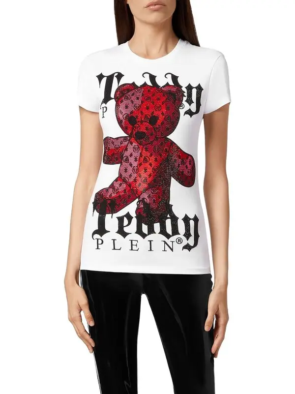 Philipp Plein Slim Fit Jersey T-shirt With Rhinestone Teddy Bear Graphic - White