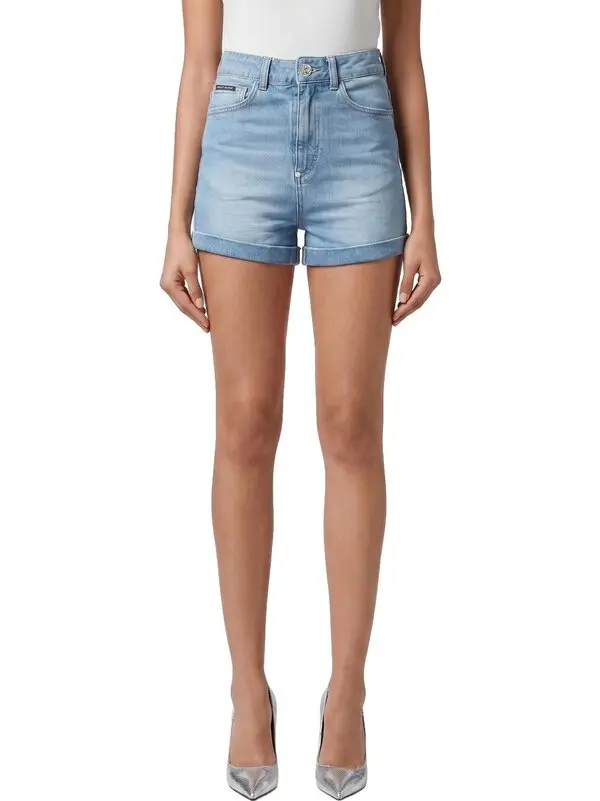 Philipp Plein High-waisted Slim Fit Denim Shorts With Five Pockets - Sky Blue