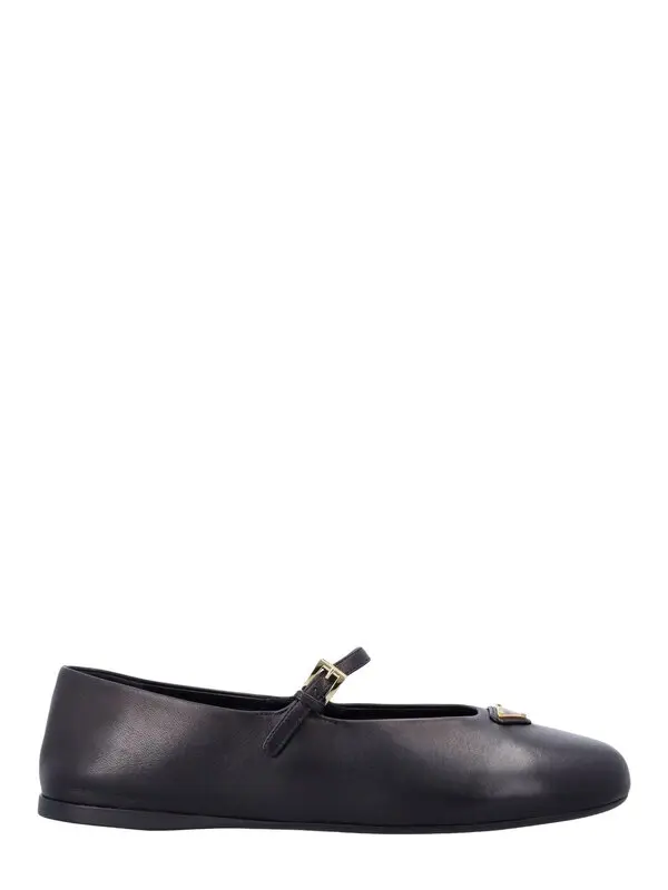 Prada Nappa Leather Ballerina Flats With Adjustable Strap And Enameled Triangle Logo - Nero