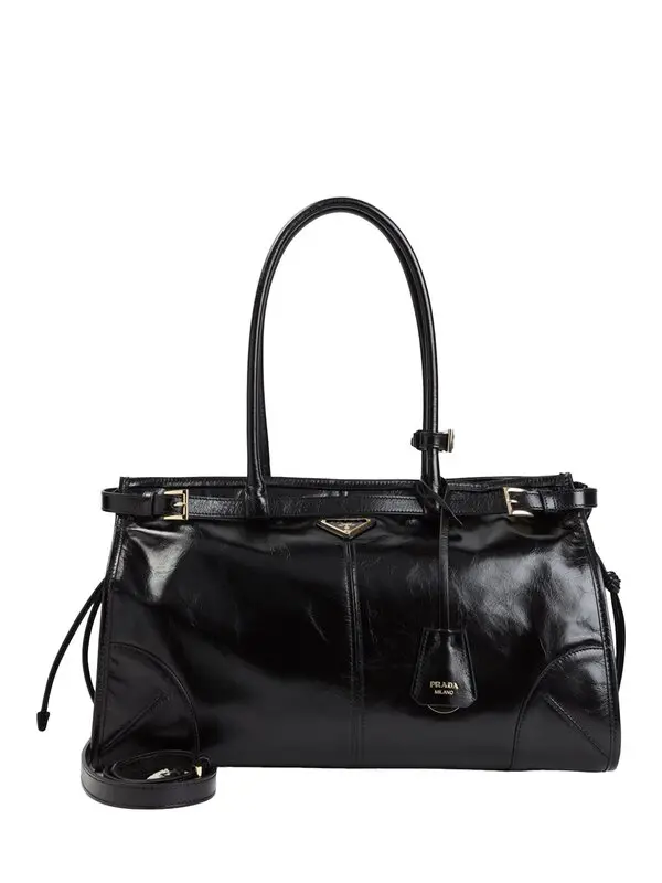 Prada Leather Handbag With Structured Handle, W 38cm X H 23cm X D 13cm - Black