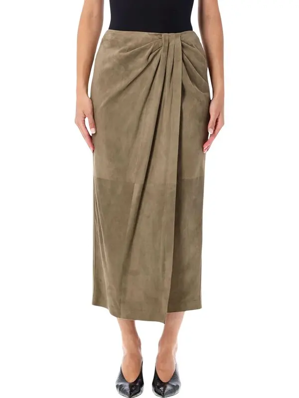 Ralph Lauren Draped Front Midi Suede Skirt With Straight Silhouette - Beige