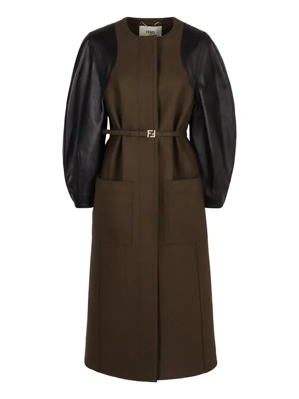 Fendi Felt Wool Cocoon Jacket With Leather Sleeves And Belted Waist - Green