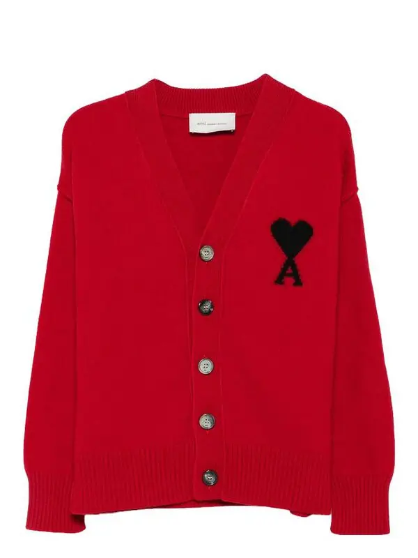 AMI Paris V-neck Cardigan With De Coeur Motif - Red