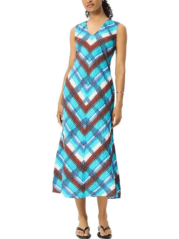 Whistles Checked V Neck Textured Dress - Blue Multi