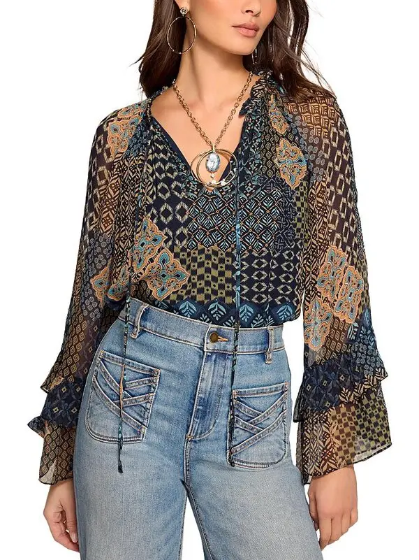 Ramy Brook Anya Printed V Neck Top - Navy Multi