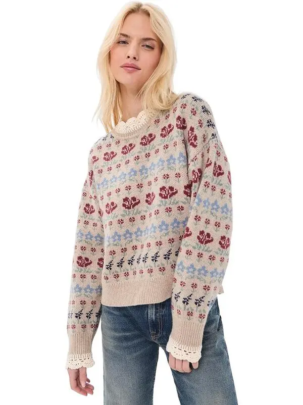 Sea Preston Knit Crew Neck Sweater With Floral Print And Lace Trim - Cream