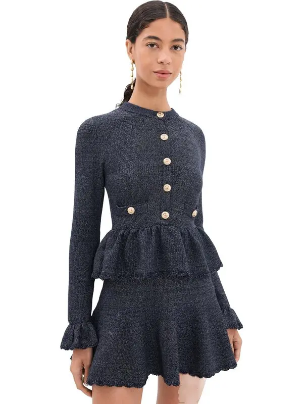 SELF-PORTRAIT Textured Knit Mini Dress With Gold-tone Accents - Navy