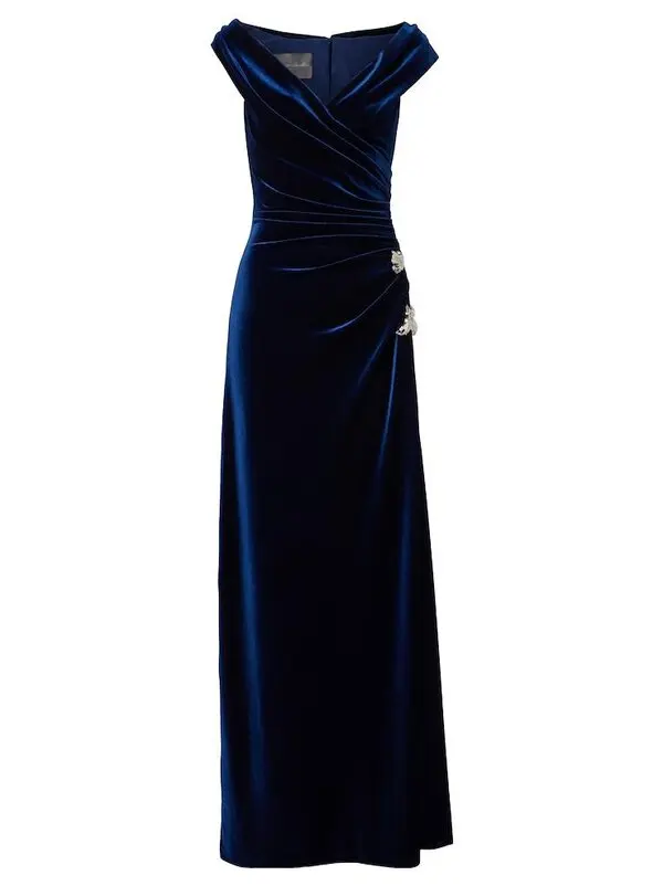 Monique Lhuillier Embellished Draped Velvet Gown - Blue
