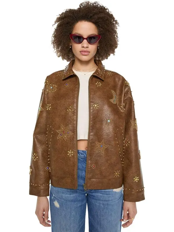 MOTHER The Zip It Faux Leather Jacket With Celestial Embellishments - Cream