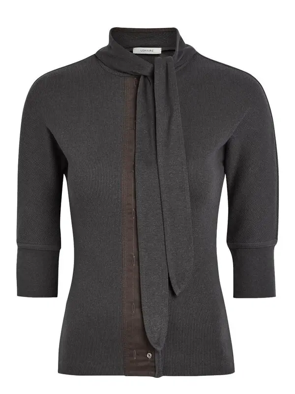 LEMAIRE Ribbed Cotton-blend T-shirt With Front Tie Detail - Anthracite