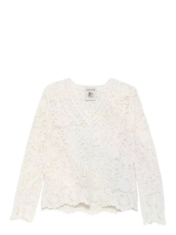SEMICOUTURE Lace-knit V-neck Knit With Scalloped Hem And Cuffs - Neutrals