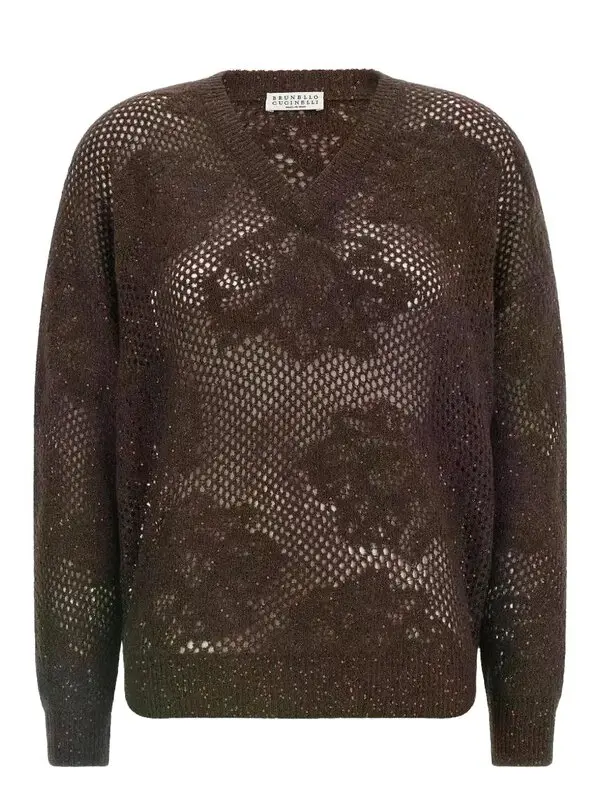 Brunello Cucinelli Floral Lace Mesh Knit V-neck Sweater With Sequin Embellishment - Brown