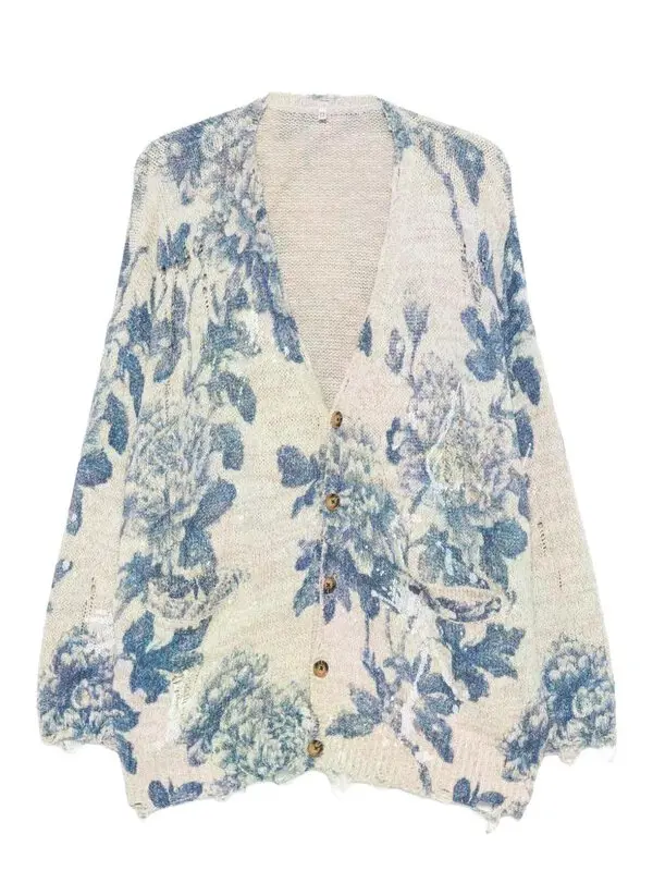 R13 Floral Print Distressed Cardigan - Neutrals