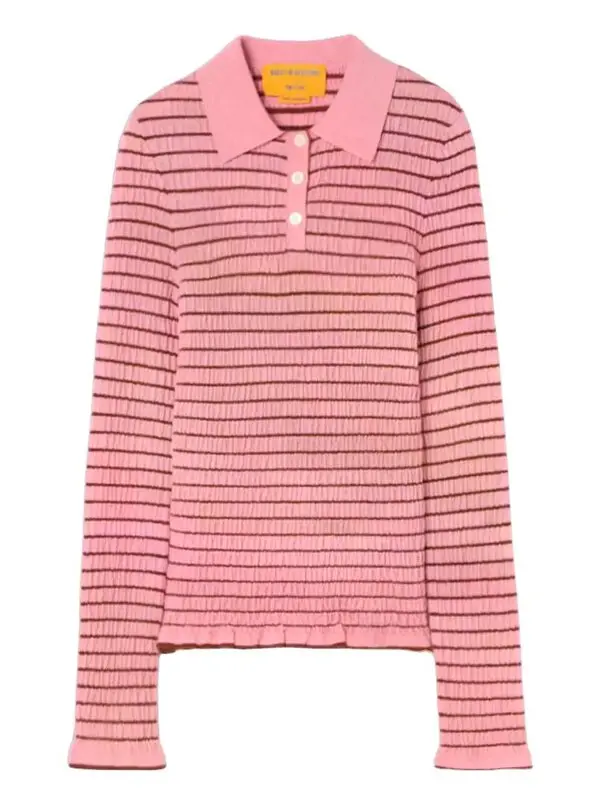 Guest In Residence Striped Shirred Polo Shirt - Pink