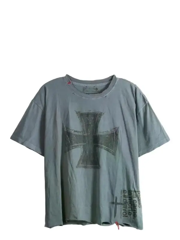 SAITOS Cross-print Distressed T-shirt - Grey