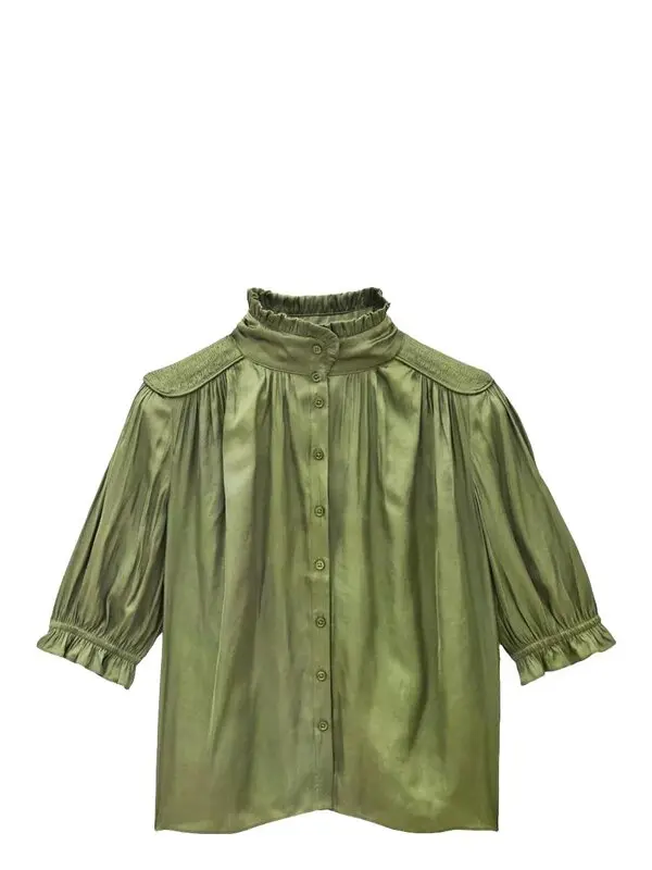 Ba&sh Camila Ruffled-trim Smocked-shoulder Blouse - Green